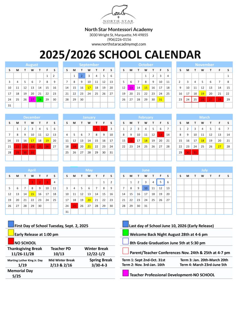 School Calendar – North Star Academy – Marquette